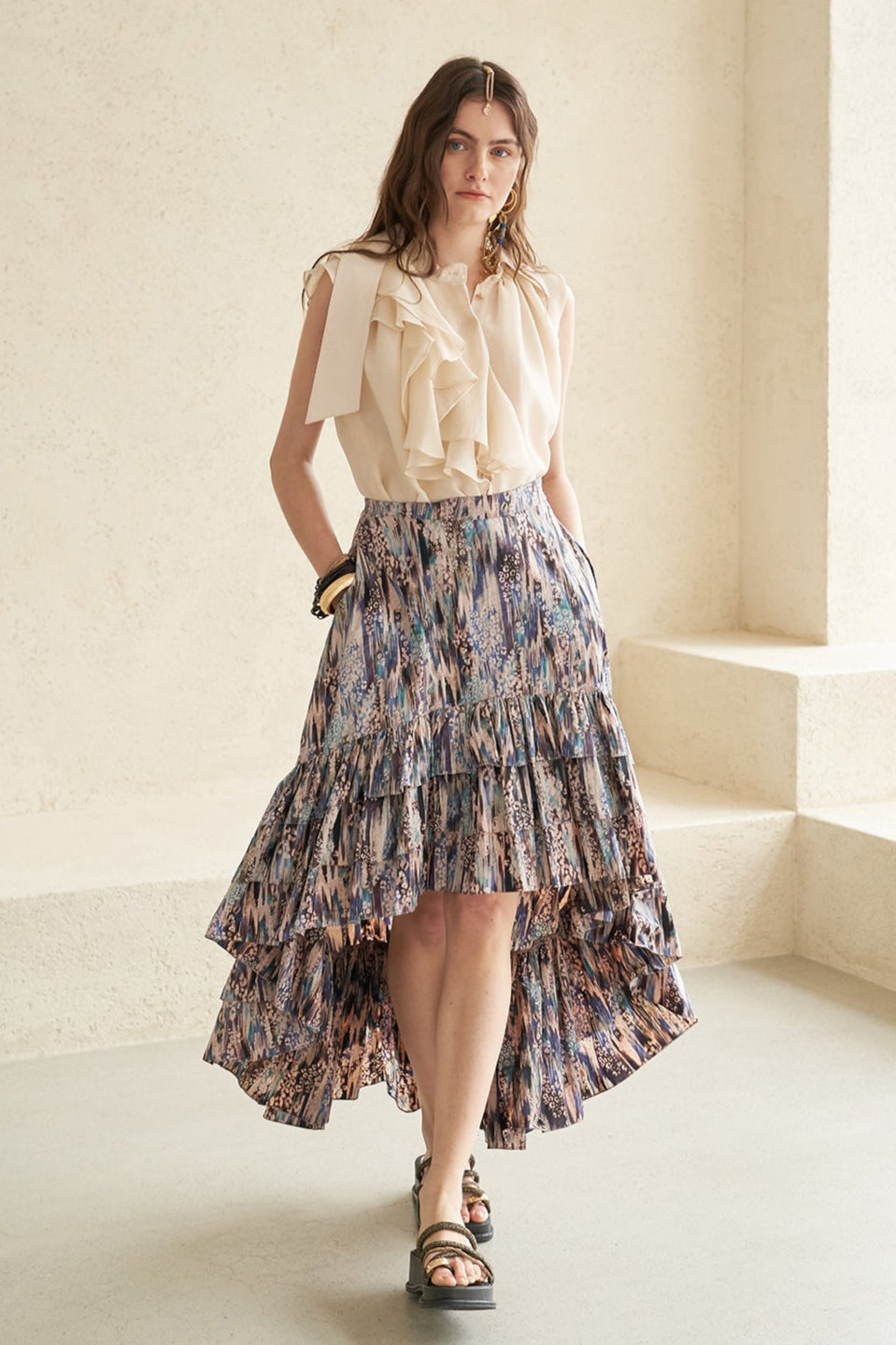 Ruffle tiered asymmetric long skirt purple – fasfas